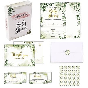 25 Double-Sided Greenery Baby Shower Invitation Set with Envelopes,Gender Neutral Blank Fill-in Invites for Boy or Girl, Double-Sided Diaper Raffle, Thank You Cards and Seals