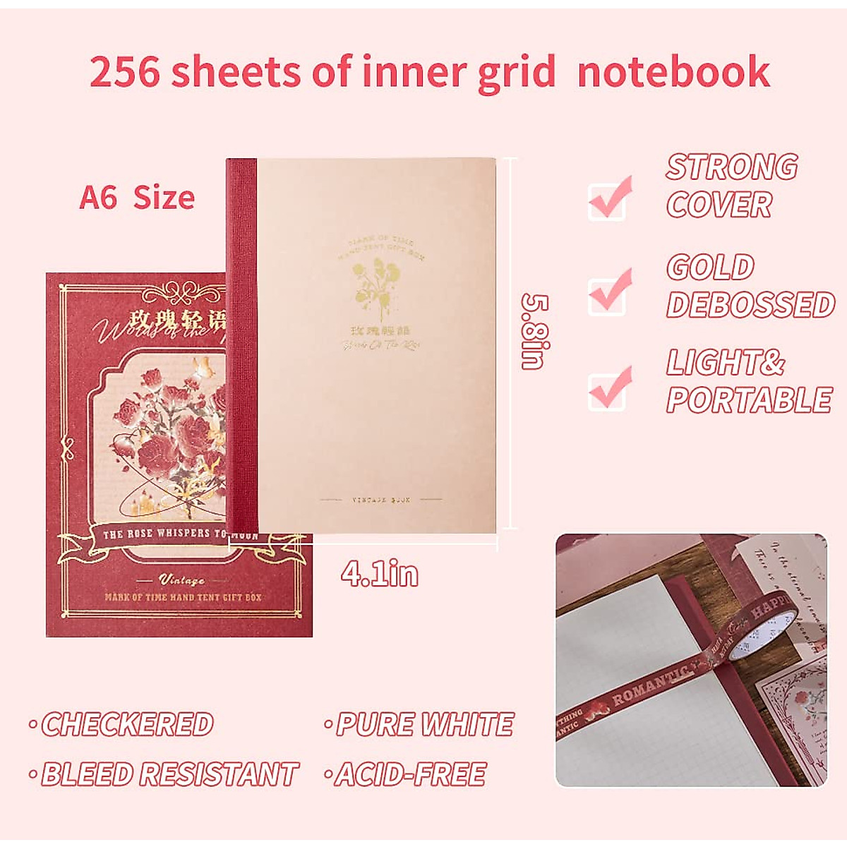 Scrapbooking Supplies Kit, Vintage Rose Aesthetic Scrapbook Kit for Bullet Junk Journal, Stationery, A6 Grid Notebook, Flower DIY Journaling Supplies, Birthday Craft Gift Teen Girl Kid Women