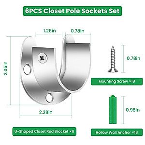 LAHONI 6PCS Closet Shelf & Rod Bracket, U-Shaped Closet Rod End Supports Set, Closet Pole Sockets Kit, Stainless Steel Closet Rod Holders for Hanging Clothes, Curtains, Shower Rods, Wardrobe, Wall