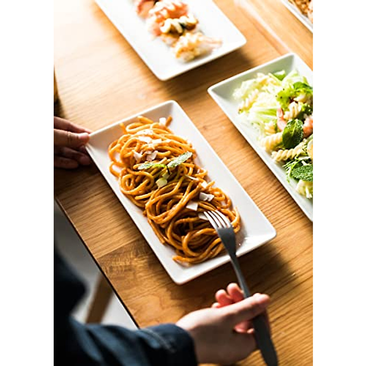 LAUCHUH Serving Platter, 10” Rectangular Plates Serving Tray Porcelain Platters for Parties, Sushi, Dessert Microwave and Dishwasher Safe Set of 4, White