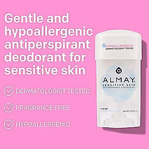 Deodorant for Women by Almay, Gel Antiperspirant, Hypoallergenic, Dermatologist Tested for Sensitive Skin, Fragrance Free, 2.25 Oz