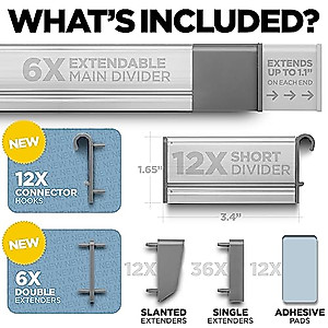 Practical Comfort Drawer Dividers, 18 pcs adjustable drawer dividers set, Made from high strength aluminum, 6 Main expandable drawer divider expand From 19.7" to 22" + 12 Sliding Separators 3.8"