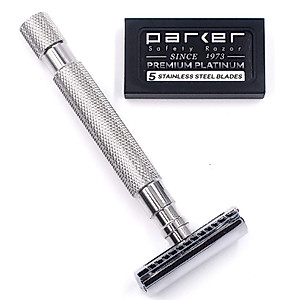 Parker 64S Stainless Steel Handle Double Edge Safety Razor & 5 Premium Blades