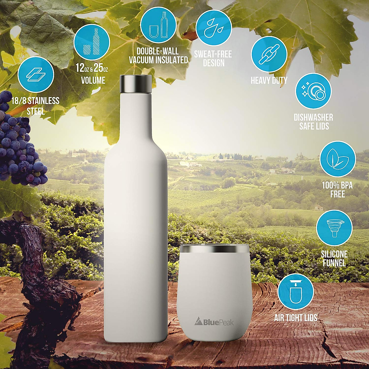 BluePeak Double Wall Vacuum Stainless Steel Insulated Wine Tumbler Set, 3-Pack - Includes Spill-Proof Sliding Lids, Straws, Cleaning Brush, Silicone Funnel & Gift Box - Travel Drinking Set (White)