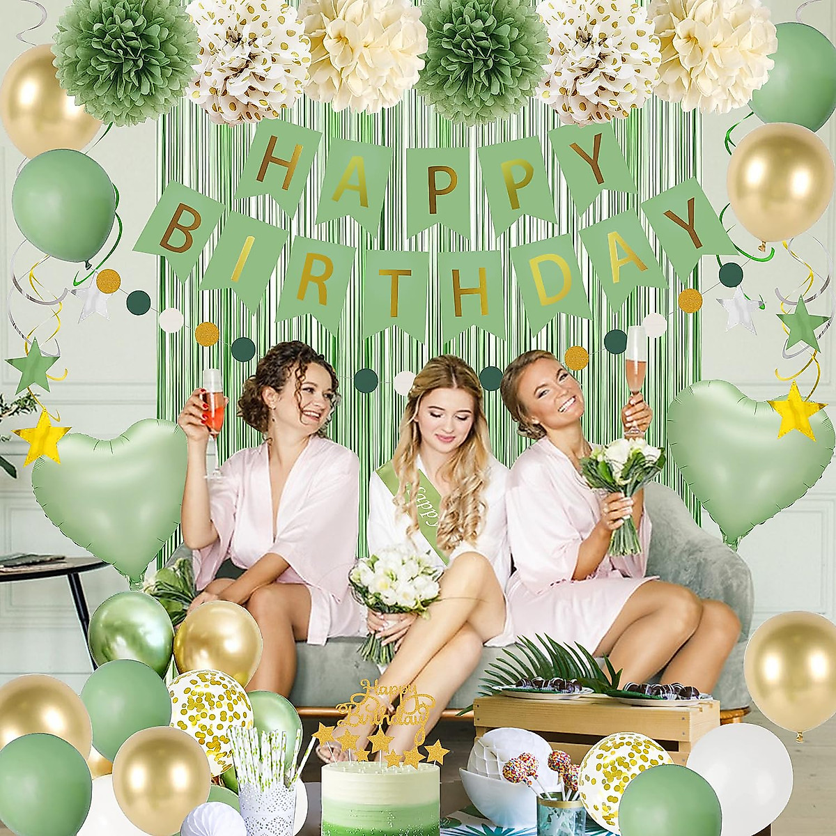 Torerun Upgraded Sage Green Birthday Party Decorations Olive Green and Gold Balloons with Happy Birthday Banner Sash,Cake Topper,Fringe Curtain,Star Hanging Swirls for Women or Girls