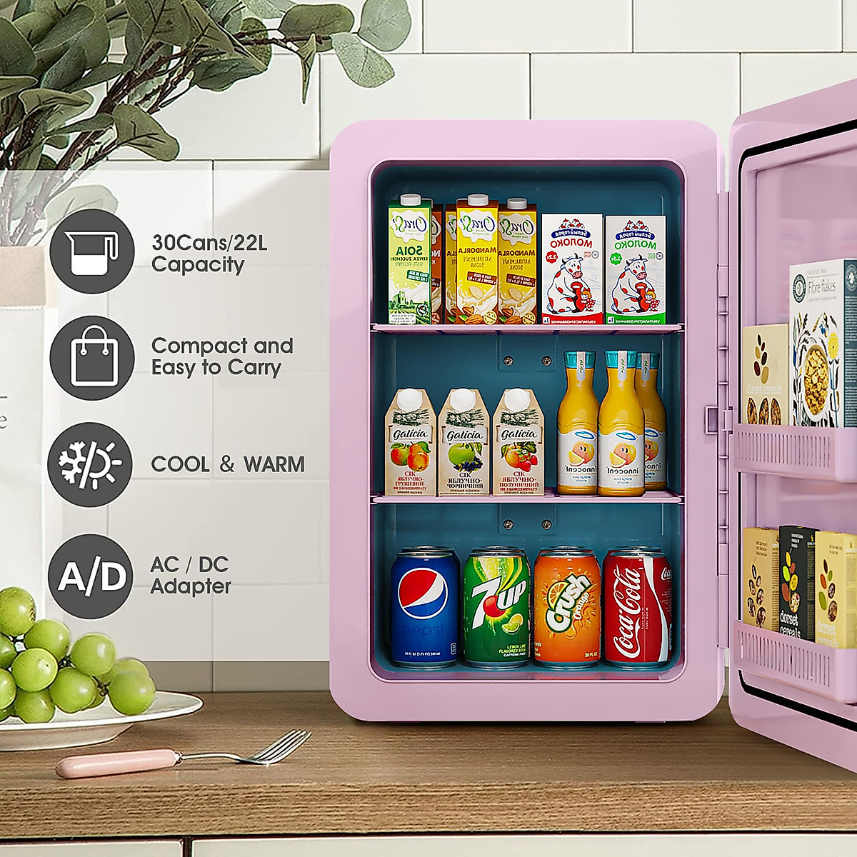 Kikihuose 22L/30Cans Mini Fridge for Bedroom, 12v DC Portable Cooler & Warmer, Mini Refrigerator with Glass Front, for Car Office Desk & Dorm Room Beverage Skincare Makeup (Fast Cooling Pink)