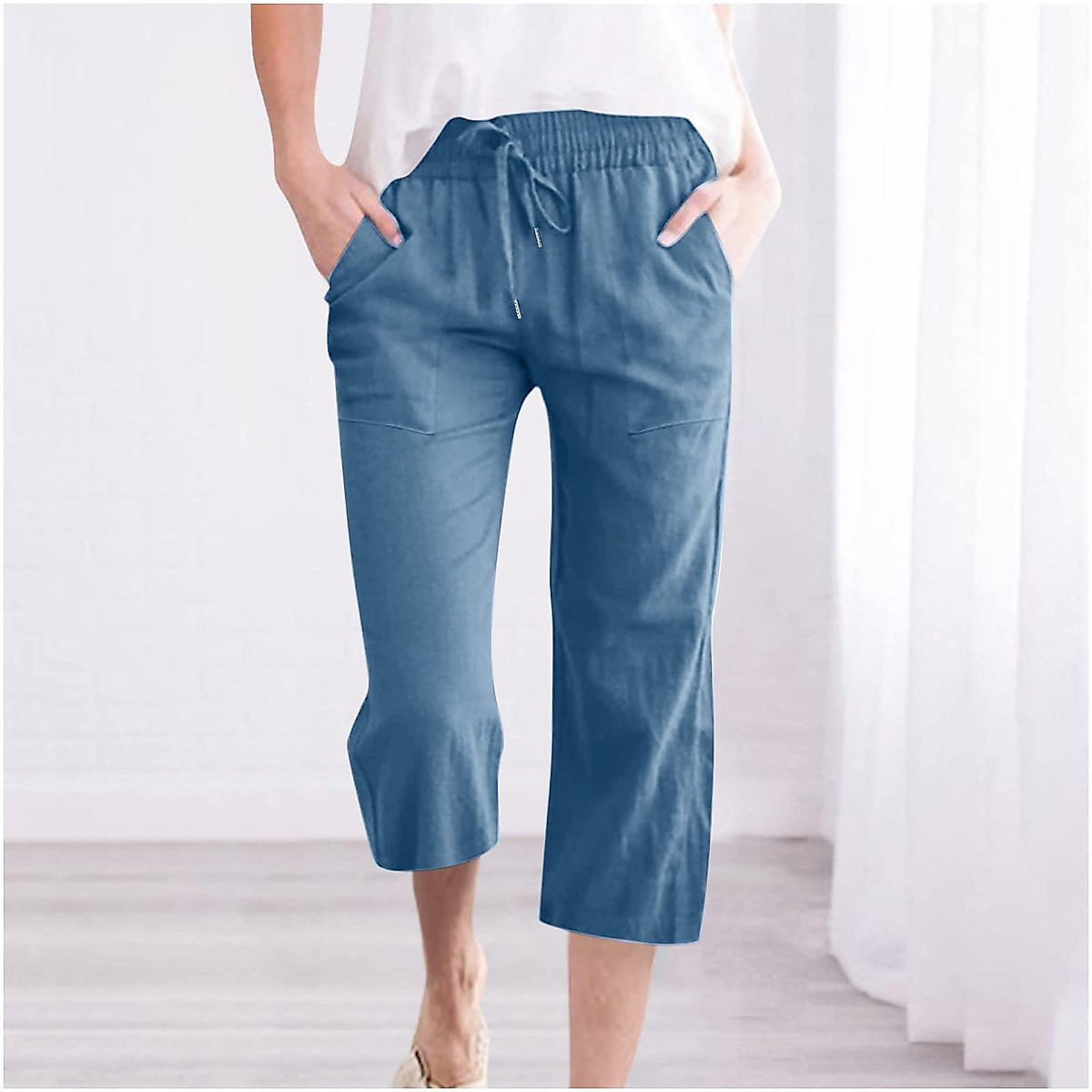 Capri Pants for Women Casual Summer Denim Capri Pants Casual 2023 Summer Drawstring Elastic High Waist Linen Pant Straight Wide Leg Cropped Trouser