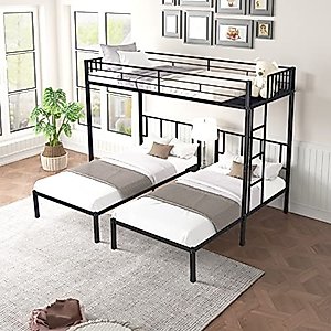 DEYOBED Full Over Twin and Twin Wooden Detachable Triple Bed Bunk Bed with 2 Drawers - Functional Sleep and Organization Setup for 3 Kids and Teens