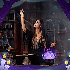 Liliful Light up Bubble Cauldron DIY Set, 7.68" Black Plastic Witches Cauldron with Handle 24 Pcs Clear Plastic Balls and String Light Halloween Cauldron Candy Bowl for Halloween Decorations (Purple)
