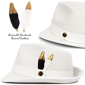 FADACHY Fedora Hats for Men & Women Short Brim Felt Hat Trilby Fedora with Feather Panama Dress Hat White Fedora M-L