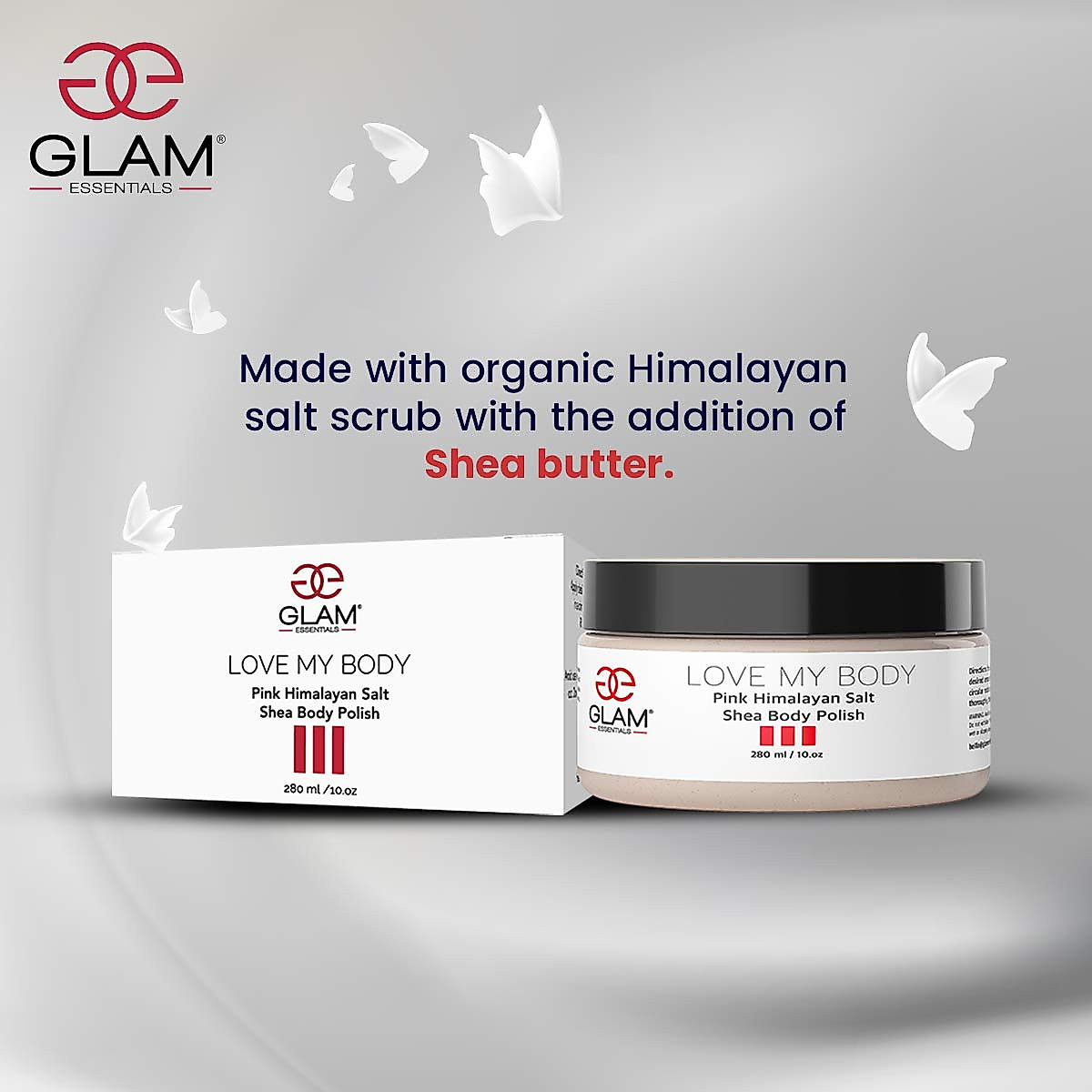 Glam Essentials Pink Himalayan Salt Body Scrub Moisturizing and Exfoliating Scrub For Deep Cleansing, Scars, Scalp Wrinkles, Moisturize Skin & Body For Women & Men - 300ml / 10 Oz