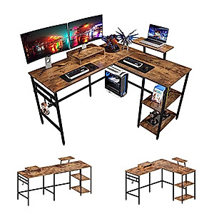 GLAUBIO 51" L Shaped Desk with Storage Shelve, Computer Corner Desk,Corner Computer Desk with 2 Monitor Stand Shelf,Home Office Gaming Table,Study Writing Workstation(Vintage Oak Finish)