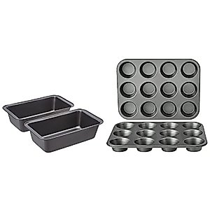 Amazon Basics Nonstick Baking Bread Loaf Pan, 9.5 x 5 Inch, Set of 2 & Nonstick Muffin Baking Pan, 12 Cups - Set of 2