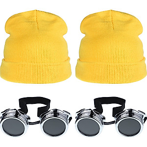 Geyoga Vintage Steampunk Goggles Halloween Cosplay Punk Sunglasses Yellow Beanie (2 Sets)