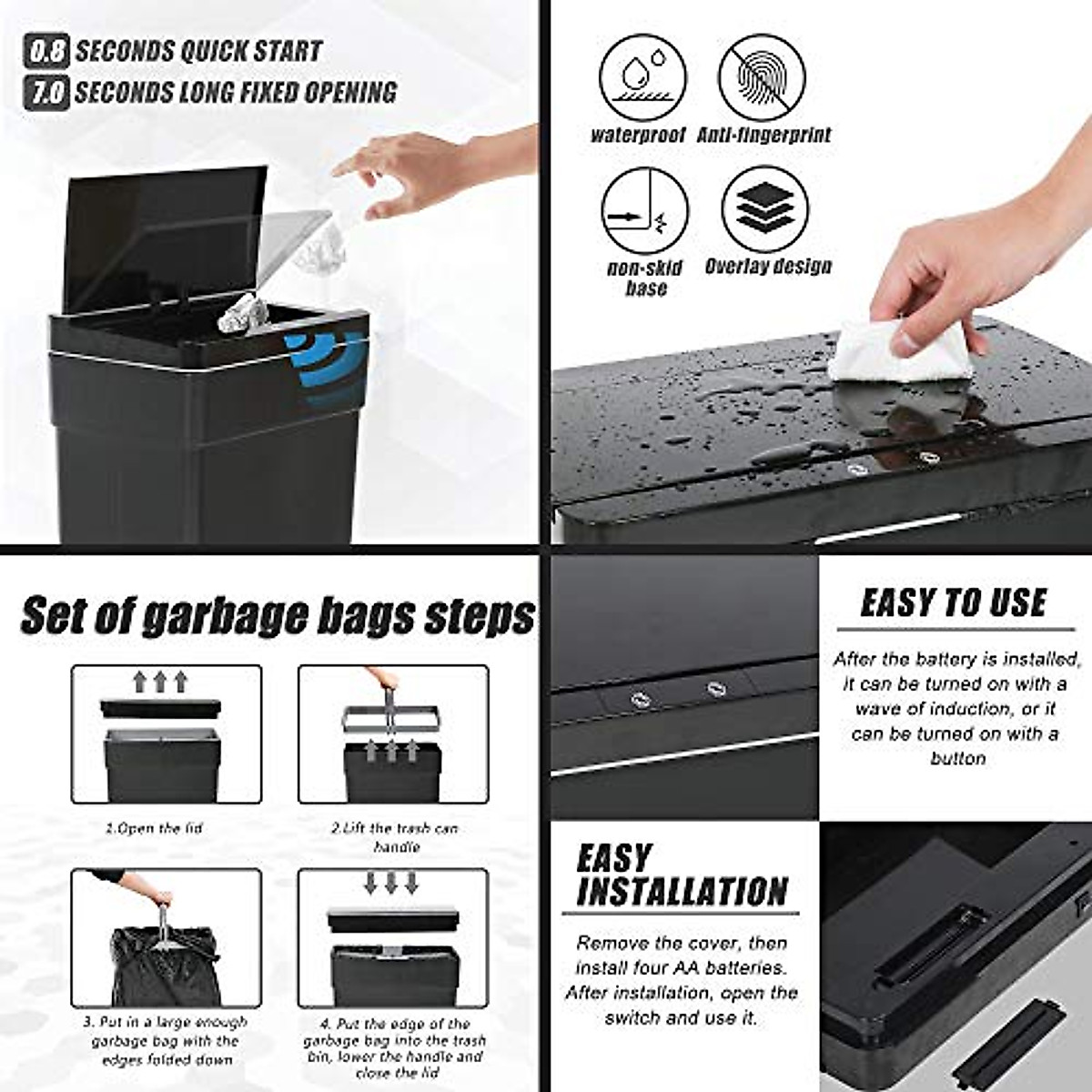 13 Gallon Touch Free Automatic Trash Can High Capacity Plastic Garbage Can Trash Bin with Lid for Kitchen Living Room Office Bathroom 50L Electronic Motion Sensor Automatic Trash Can - Black