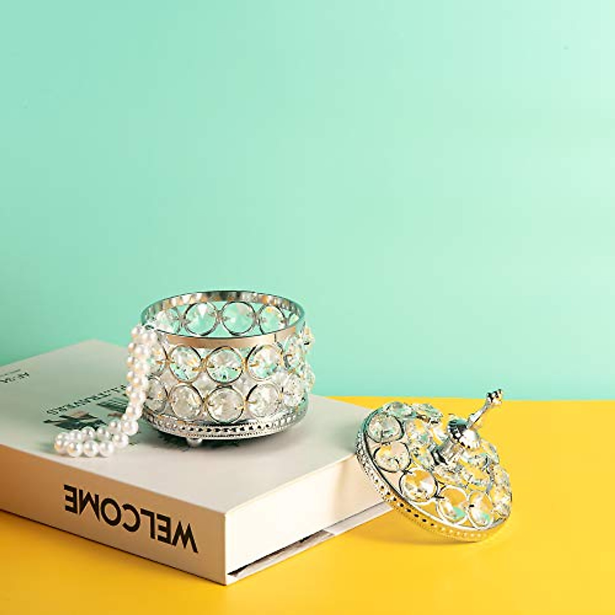 Feyarl Crystal Jewelry Box Trinket Organizer Earrings Rings Box Treasure Box Storage Keepsake Mirror Surface with Lid for Valentine Wedding Dresser Room Deco Christmas Birthday Gift(Silver)