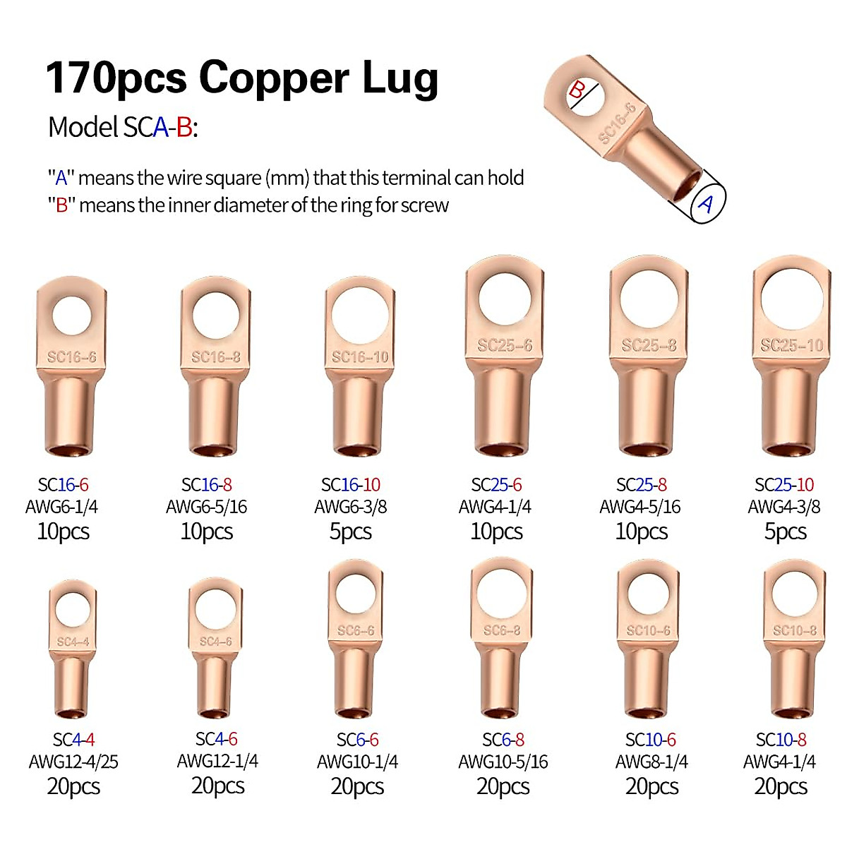 Cable Lug Crimping Tool with 170pcs Copper Wire Lugs and 210pcs Heat Shrinkable Tube, Wire Crimping Tool for AWG 10-1/0 Electrical Lug Crimper, with Cable Cutter