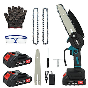 Mini Chainsaw 6-Inch Cordless power chain saws with Security Lock Small Handheld Chain Saw with 2 x 24V 6500mAh Battery 2 Chains for Wood Cutting, Tree Trimming, Gardening, Courtyard and Garden, Blue