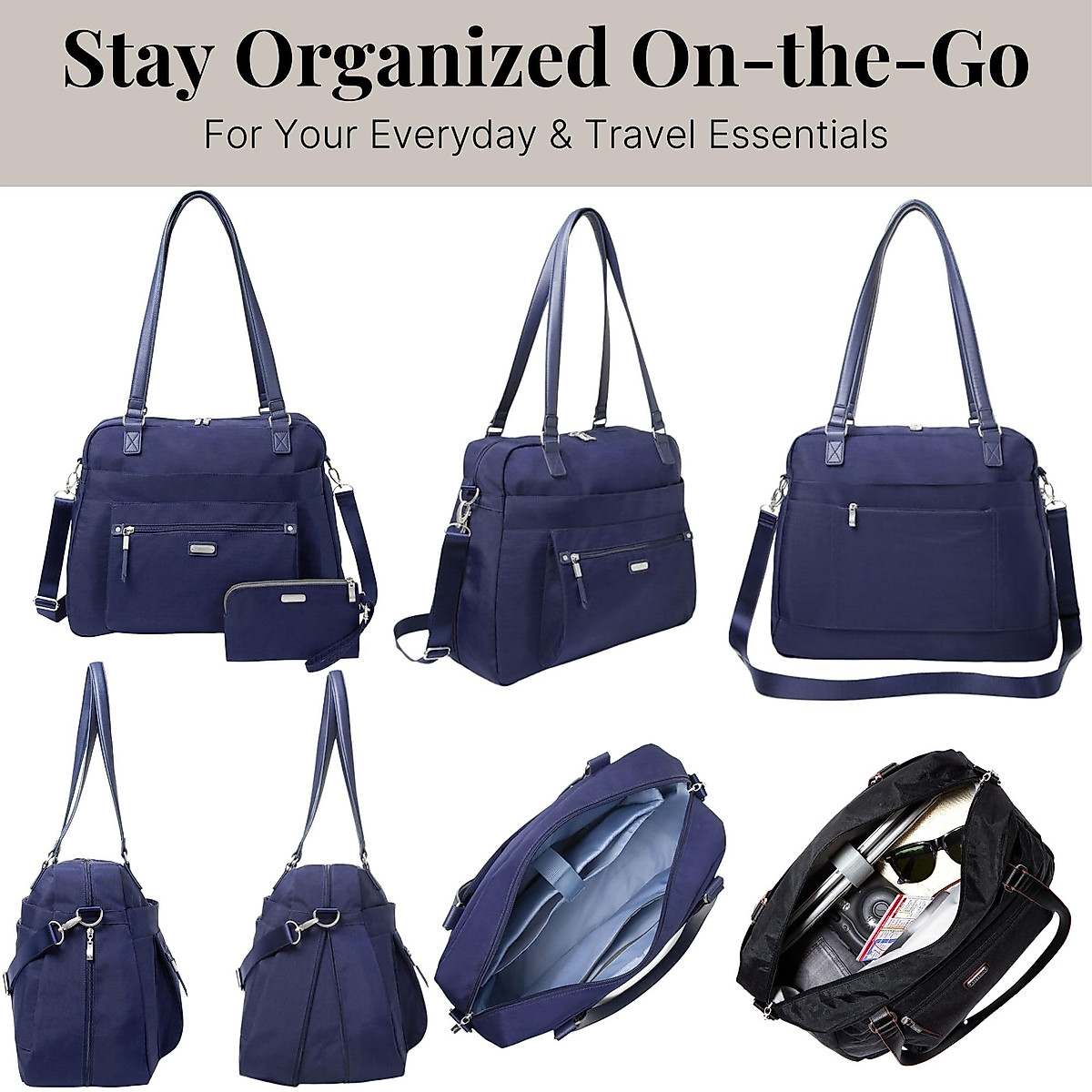 Baggallini Overnight Expandable Laptop Tote - Lightweight Travel Bag for Women, Navy