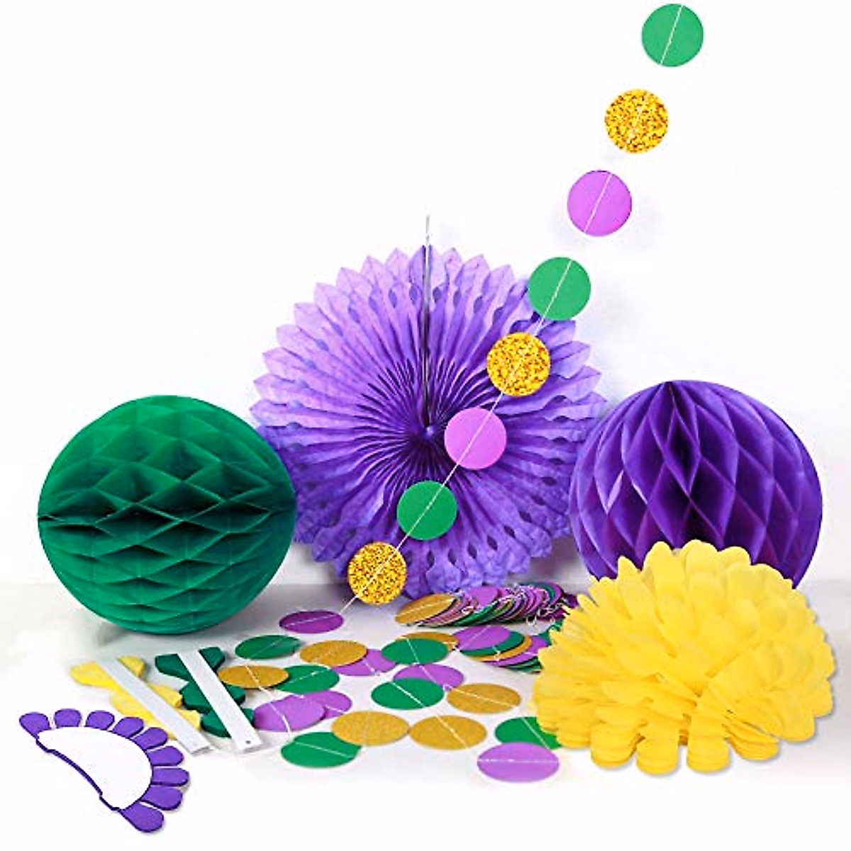 Decor365 Gold Purple Green Mardi Gras Party Decorations Glitter Circle Garlands Banner Paper Fan Tissue Pompoms Fat Tuesday/Mardi Gras Decor/Baby Shower/Birthday/Wedding/Cavinal Party Decor