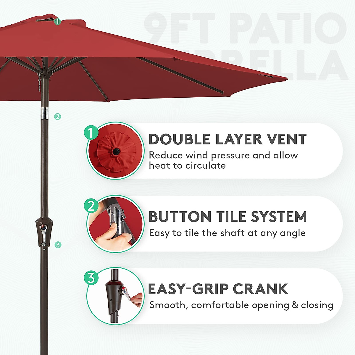 JEAREY 9FT Outdoor Patio Umbrella Outdoor Table Umbrella with Push Button Tilt and Crank, Market Umbrella 8 Sturdy Ribs UV Protection Waterproof for Garden, Deck, Backyard, Pool (Red)