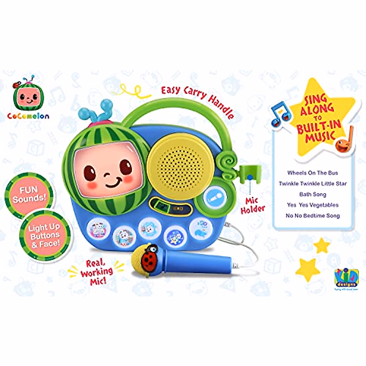 eKids Auxiliary Cocomelon Toy Singalong Boombox with Microphone for Toddlers, Built-in Music and Flashing Lights, Fans of Cocomelon Gifts