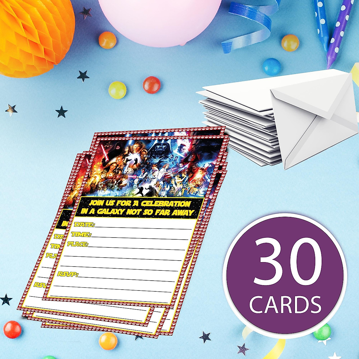 Set of 30 Invitation Cards Star Wa -Themed Happy Birthday Invitation Cards - Lightweight (230g), Postcard Style Invites for the Perfect Party Pack