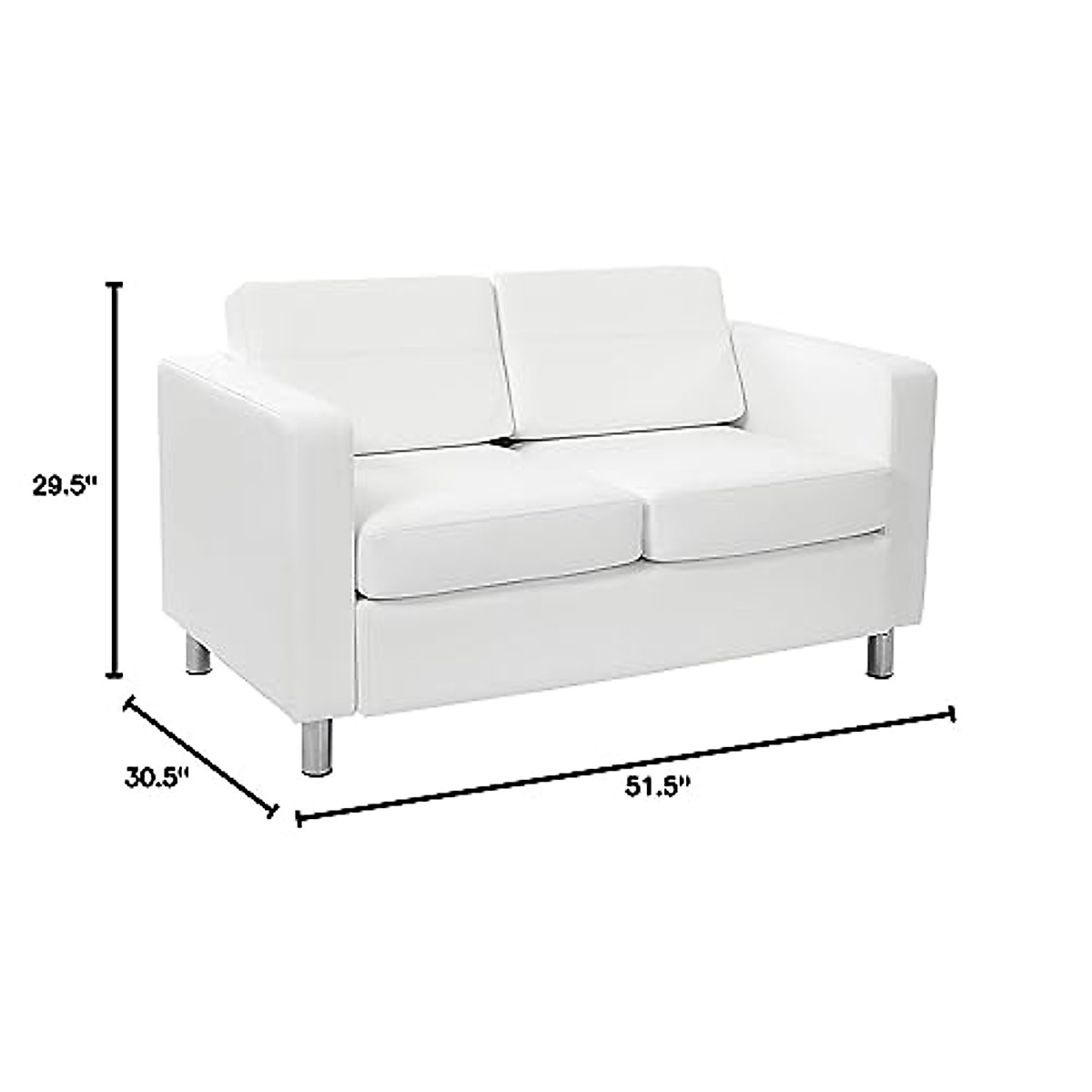 Office Star Pacific Loveseat with Padded Box Spring Seats and Silver Finish Legs, Dillon Snow Faux Leather