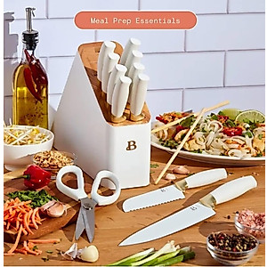 12 Piece Knife Block Set with Soft-Grip Ergonomic Handles White and Gold by Drew Barrymore
