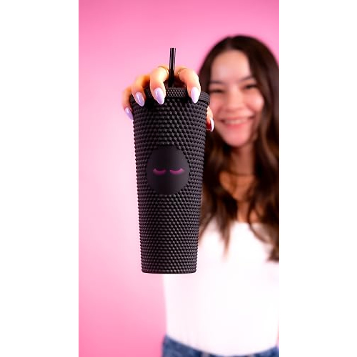 PLA Beauty Studded Tumblers | Insulated Double Wall | With Screw on Lid and Straw | Cold Beverage | Hand Wash | 24 oz (Black Lash)