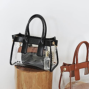 HOXIS Clear PVC Women Satchel Transparent Shoulder Handbag with Vegan Leather Trim Stadiums Approved Purse (Black)