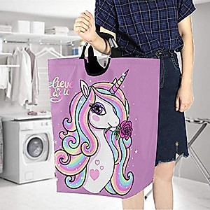 Unicorn Girl Rose Laundry Baskets Hamper Flower Rainbow Large Dirty Clothes Bag Magic Animal Washing Bin Horse Clothing Holder Floral Kids Toys Books Storage Organizer College Bathroom Bedroom Dorm