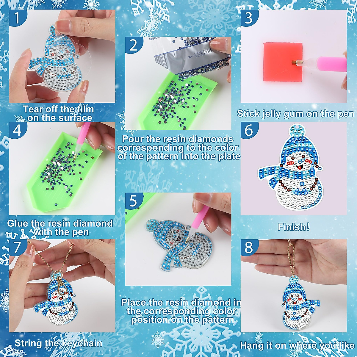 12Pcs Snowman Diamond Painting Keychains Snow Diamond Art Pendants Double Sided Full Drill Diamond Key Rings 5D Diamond Painting Kits for Winter Christmas Hanging Ornaments for DIY Crafts Home Decor