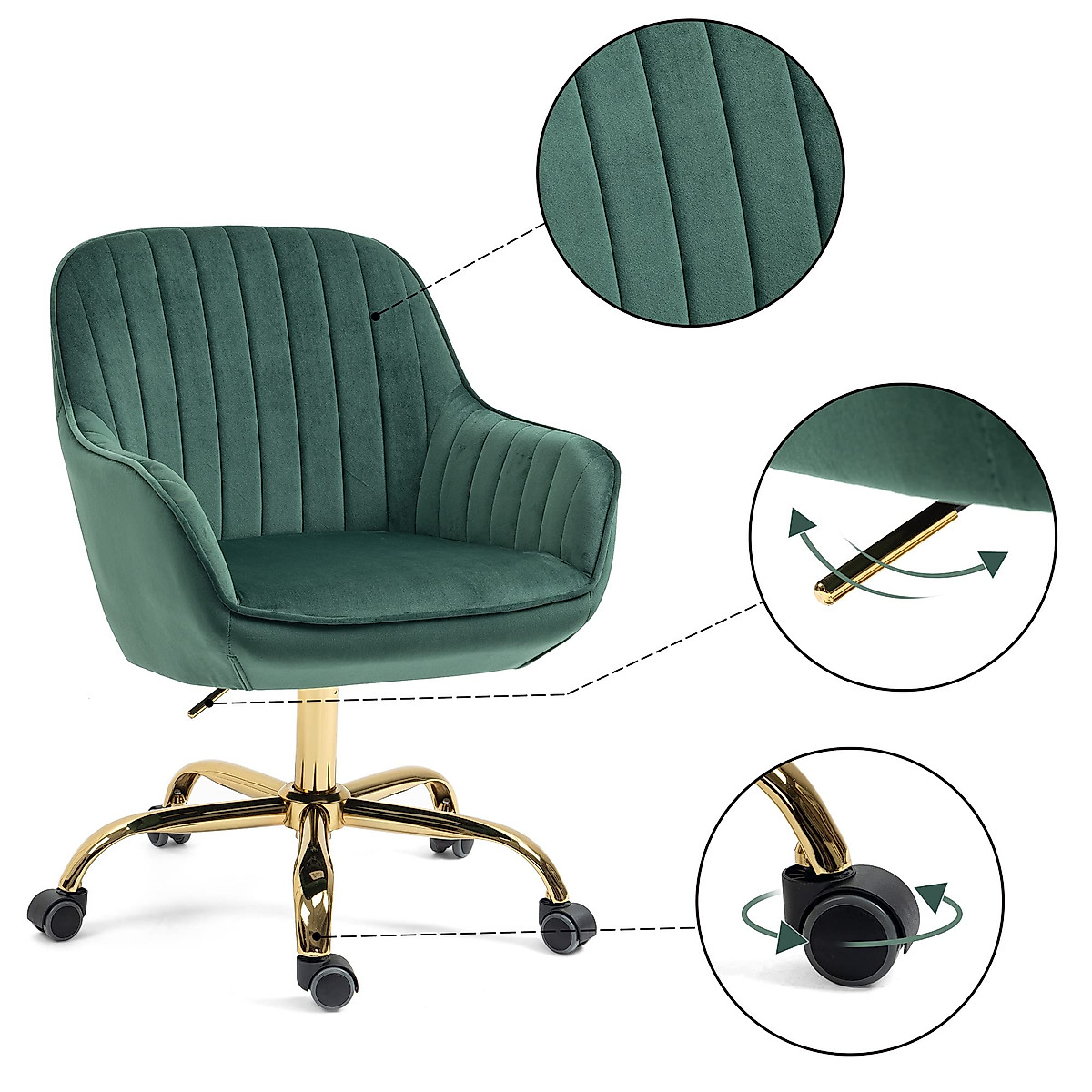 NORDICANA 360° Home Office Chair Ergonomic Task Chair, Swivel Desk Chair, Upholstered Velvet Computer Chair, Gold Metal Base, Dark Green