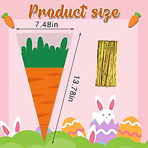 Threetols 100pcs Easter Carrot Cone Cellophane Bags, Creative Carrot Shape Treat Bags Easter Candy Bags Triangle Cello Bags Orange Carrot Bags with Twist Ties for Easter Party Favor