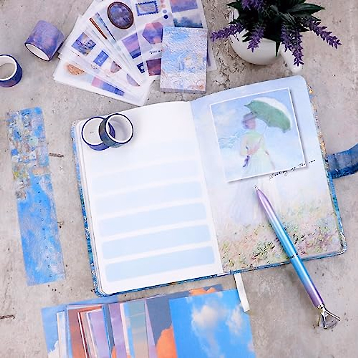 149Pcs Scrapbooking Supplies Kit, FHDUSRYO Vintage Aesthetic Scrapbook Kit, Bullet Junk Journal Kit with B6 Notebook Sticker Washi Tape, DIY Journaling Supplies Gift for Teen Girl Women(Blue 15”x9.4”)