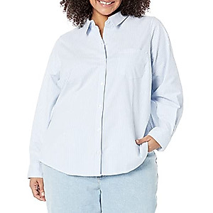 Amazon Essentials Women's Long Sleeve Button Down Stretch Oxford Shirt (Available in Plus Size), Blue/White/Stripe, Large