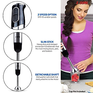 5 Core Immersion Blender Handheld Electric Whisk Hand Blender 8-Speed 500W Hand Held Stick Blender with Food Grade Stainless Steel Blades for Perfect for Smoothies Puree Baby Food Soup