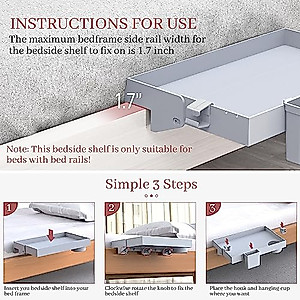 SOLEJAZZ Bedside Shelf for Bed, Folding Bunk Bed Shelf for Top Bunk Clip On Nightstand College Dorm Room Essential Table Caddy Bedside Night Stand Shelf with Hooks, Cup & Cord Holder, Plus Size, Grey