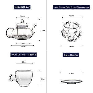 Adorable Full Glass Kettle Teapot Set with Removable Infuser Strainer and 4 Cups and Saucers and Heart Shaped Candle Holder Warmer Heating Base for Tea Blooming Loose Leaf Home Women Gift