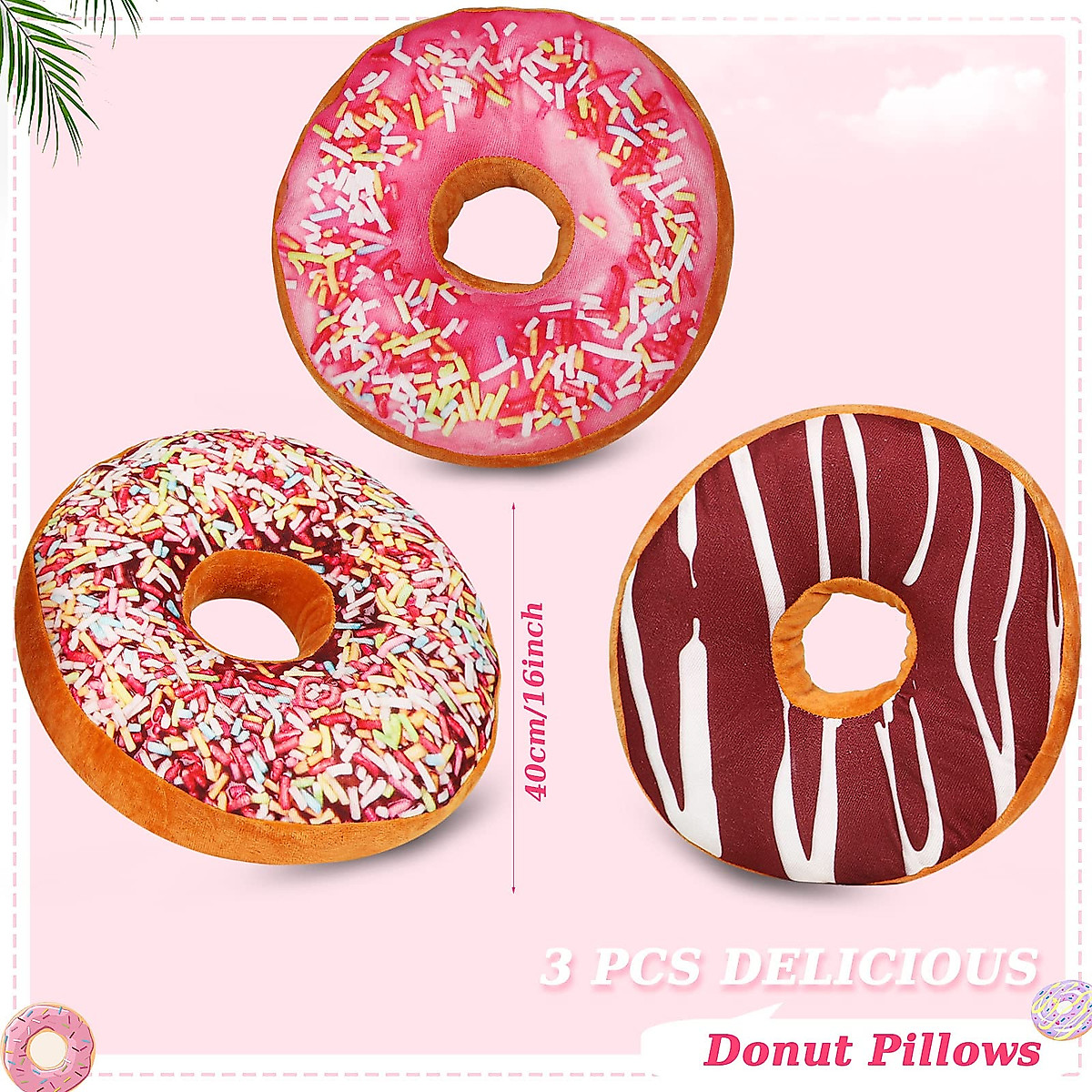 Round Throw Pillow 3 Pcs 16 Inch Chocolate Donut Pillow Plush Soft Food Pillow 3D Digital Print Stuffed Ear Piercing Pillow Decorative Light Weight Seat Pad Cushion for Chair Floor Couch Sofa (Cute)