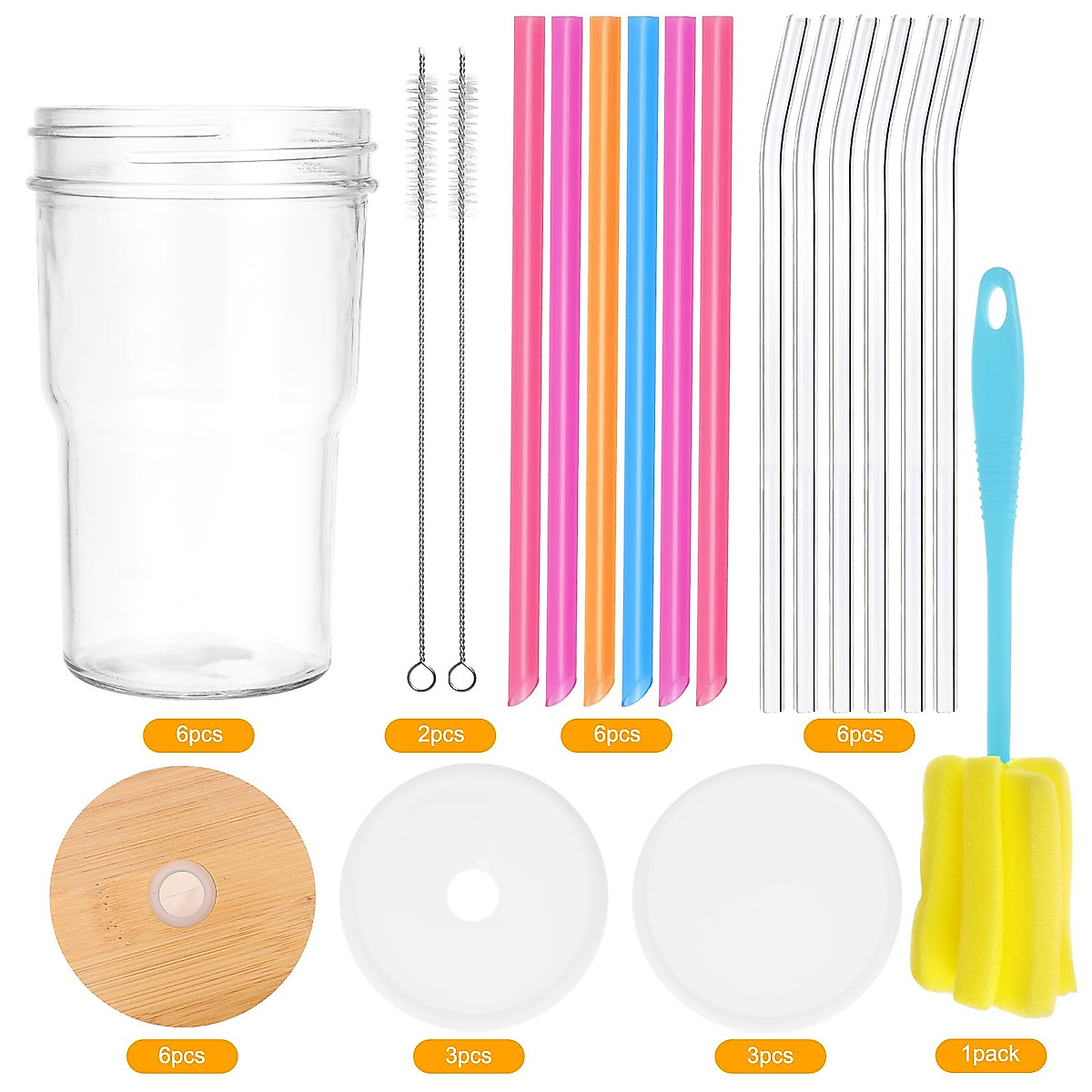 Moretoes 6pcs 16oz Glass Cups with Lids and Straws, Glass Iced Coffee Cups Cute Travel Tumbler Cups, Drinking Jars Set Reusable Boba Bottle for Jumbo Smoothie, Cold Brew, Soda, Juice