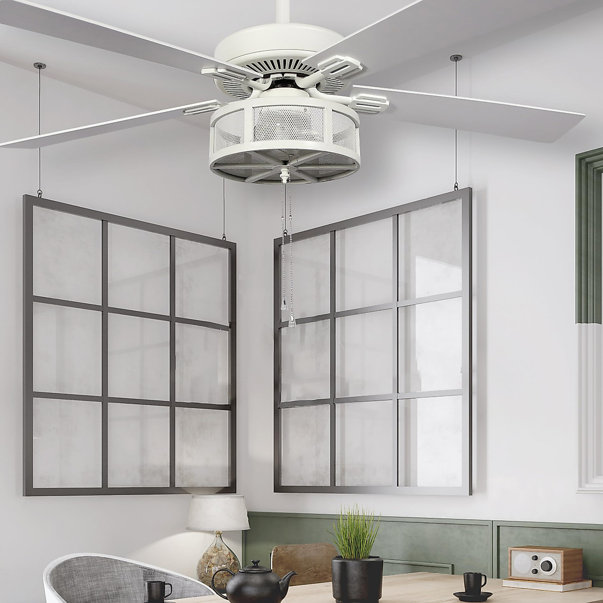 RIVER OF GOODS Alabaster LED Mesh Caged Ceiling Fan - 52" L X 52" W - White/Oak Wood-Grain Blades