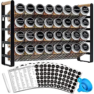 AHNR 4 Tier Spice Rack Organizer with 32 Spice Jars, 396 Spice Labels, Chalk Marker and Funnel Complete Set for Cabinet, Countertop or Wall Mount