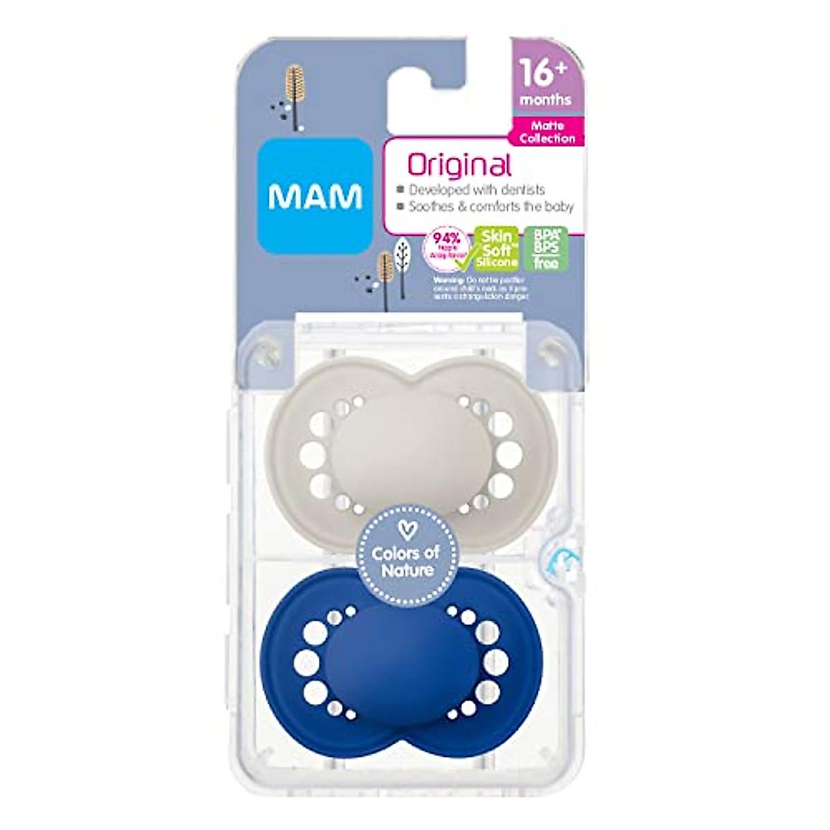 MAM Original Matte Baby Pacifier, Nipple Shape Helps Promote Healthy Oral Development, Sterilizer Case, Unisex, 16+ (Pack of 2)