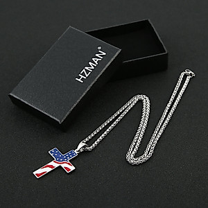 HZMAN American Flag Patriotic Cross Religious Jewelry Pendant Necklace, Silver