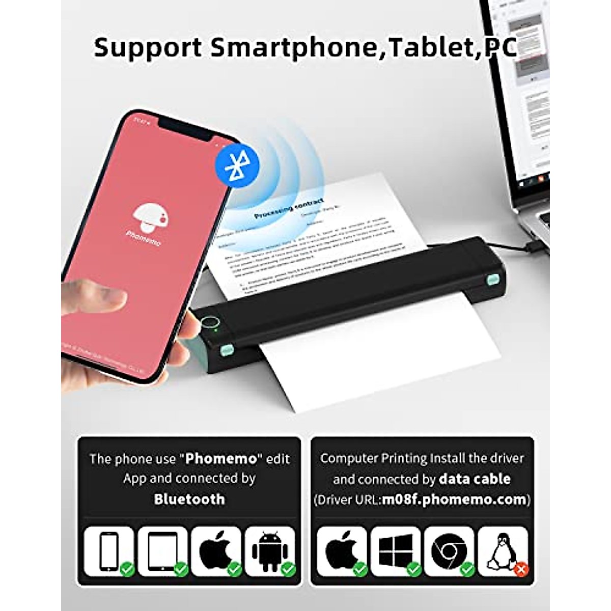 Phomemo Portable Printer Wireless for Travel, [New] M08F-Letter Bluetooth Mobile Printer Support 8.5" X 11" US Letter, No-Ink Thermal Compact Printer, Compatible with Android and iOS Phone & Laptop