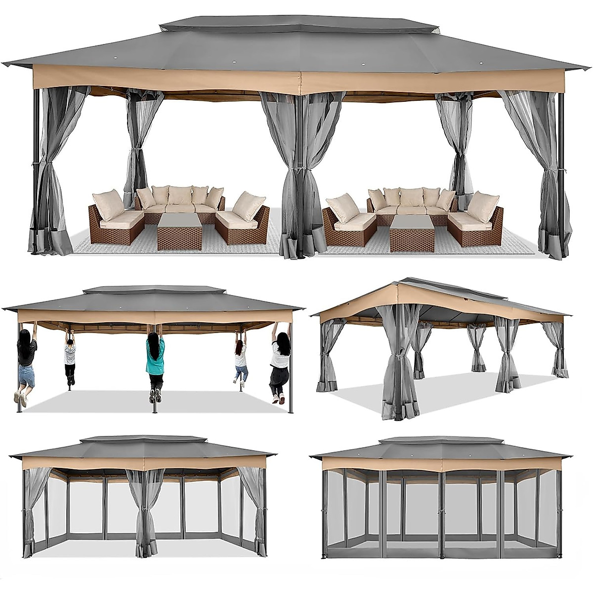 COBIZI Gazebo 10x20 Heavy Duty Patio Gazebo with Mosquito Netting Deck Gazebo with Metal Steel Frame Large Screen Gazebo Tent Waterproof with Double Roof for Backyard, Deck, Garden