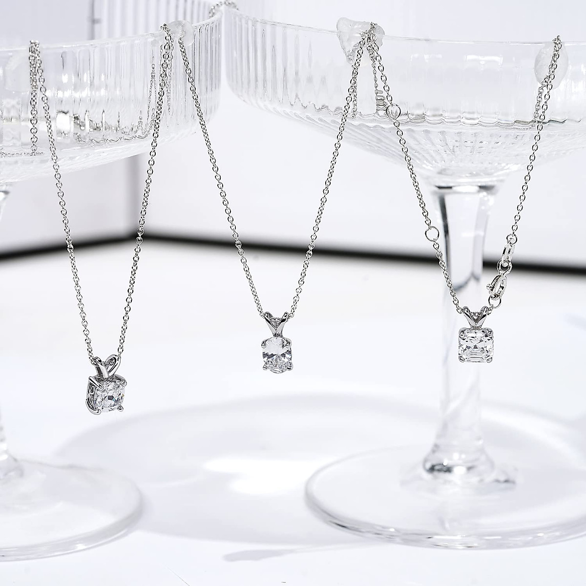 Amazon Collection Platinum-Plated Sterling Silver Cushion-Cut Solitaire Pendant Neckalce made with Infinite Elements Cubic Zirconia, 16"