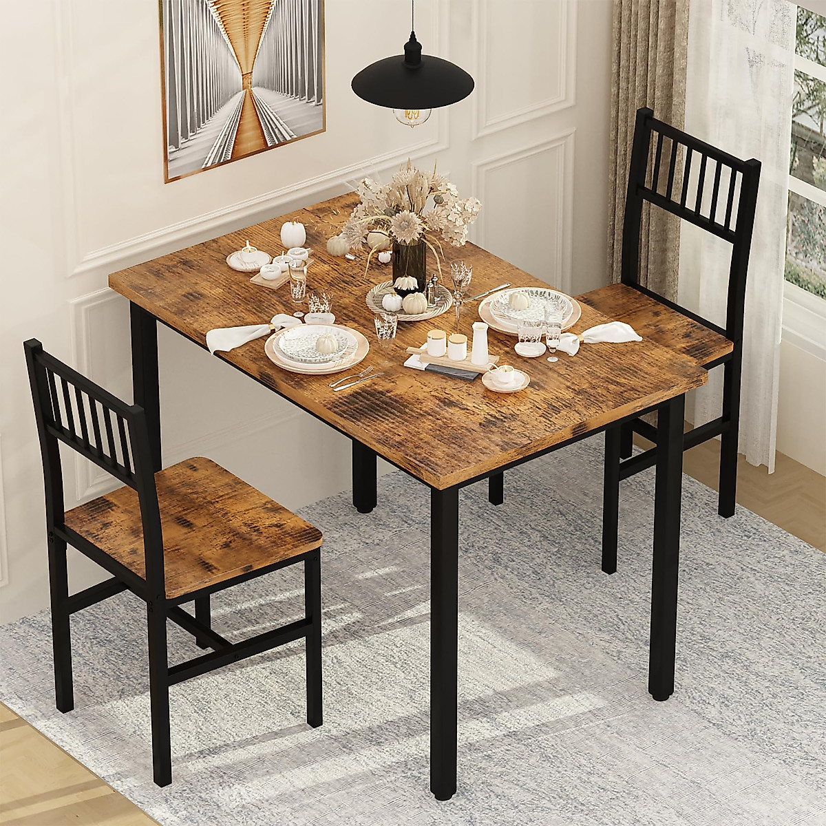 AWQM 3 Piece Dining Table Set, Small Industrial Kitchen Table and 2 Chairs, Kitchen Breakfast Dining Table Set, Breakfast Table Set for Dining Room, Living Room, Apartment, Small Space, Brown